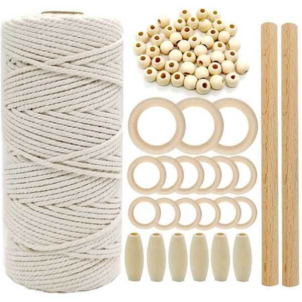 Macrame Cord Cotton Rope 3mm with Wood Ring Stick for DIY Macrame Kit ...
