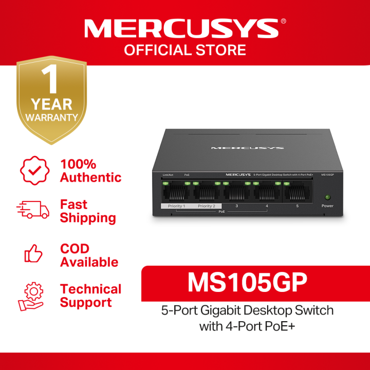 Mercusys MS105GP 5-Port Gigabit Desktop Switch 4-Port PoE+ Extend and ...