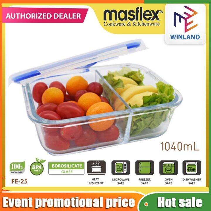 MASFLEX by Winland 1040ml Rectangular Glass Food Container W/ Division 100 Hygienic Food Safe FE ...