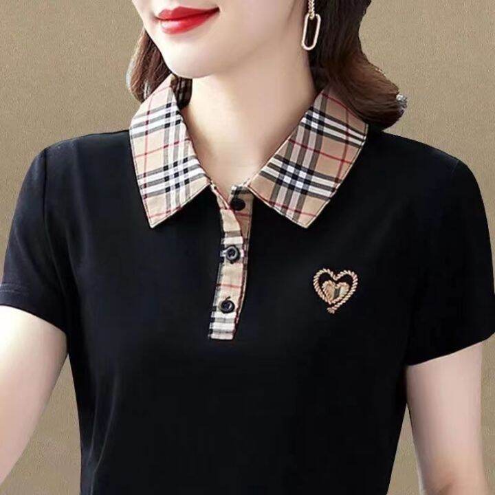 100KG Fat Girl Can Wear Classic Checked Polo Shirt for Women Lapel ...