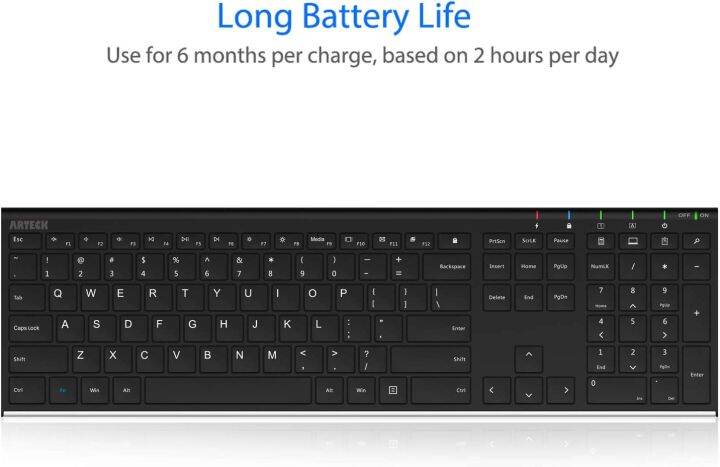 Arteck 2.4G Wireless Keyboard Stainless Steel Ultra Slim Rechargeable ...