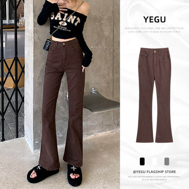 YEGU สีกาแฟสีน้ำตาลบูตตัดกางเกงยีนส์หญิงฤดูใบไม้ผลิและฤดูใบไม้ร่วงยืด ...