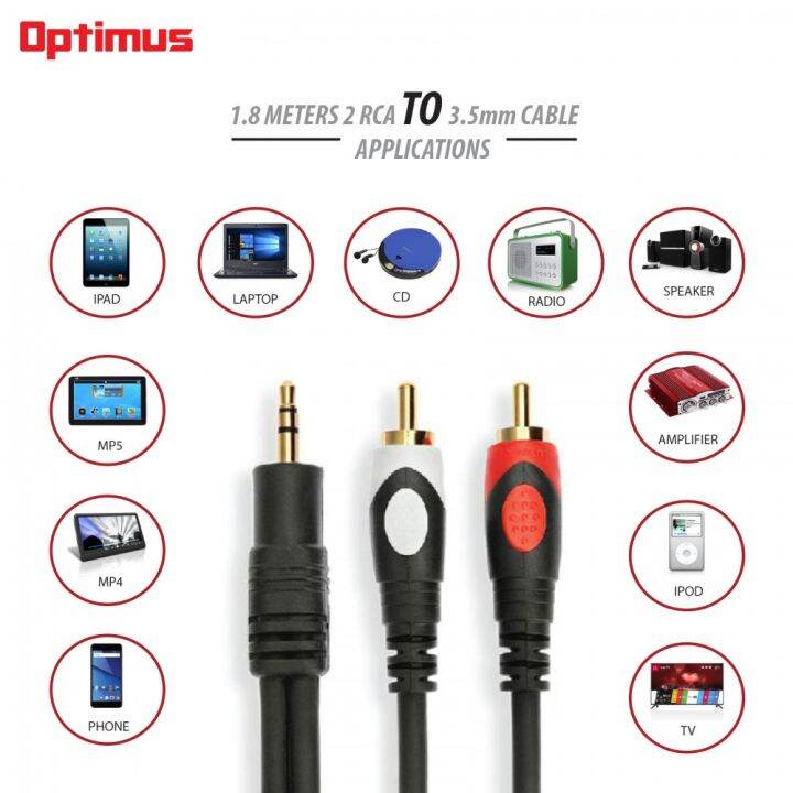 Optimus 1.8 Meters 2 RCA To 3.5 mm Male Adapter Cable - Black | Lazada PH