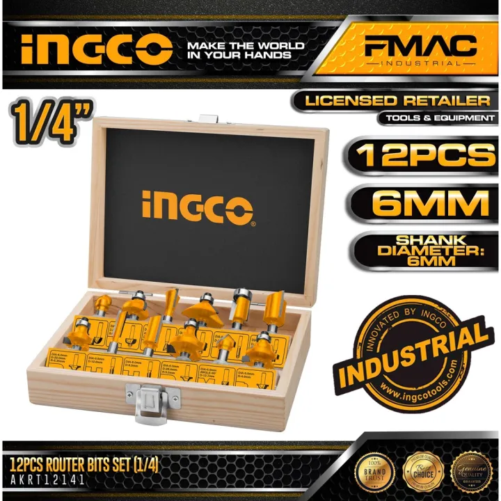 INGCO Industrial 12 pcs / Set Router Bits Set (1/4") 6mm Shank Dia ...