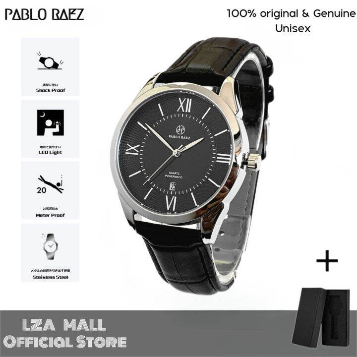 PABLO RAEZ นาฬิกาสำหรับผู้ชายสายนาฬิกาข้อมือหนังแท้สีดำดูอ่อนกันน้ำ ...
