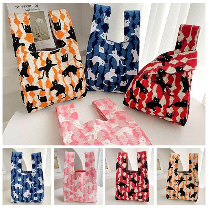 WPOT จุได้มาก กระเป๋าข้อมือปม ใช้ซ้ำได้ พับเก็บได้ กระเป๋าถือถักลายแมว ...