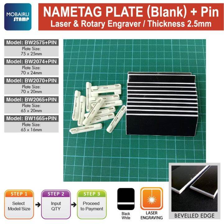 Nametag Papan Kosong/Blank Plate + Pin - Black & White Laserable/Rotary Engraving Thickness 2 ...