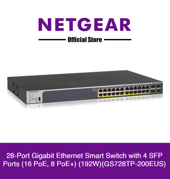 28-Port Gigabit Ethernet Smart Switch with 4 SFP Ports (16 PoE, 8 PoE+) (192W)(GS728TP-200EUS ...