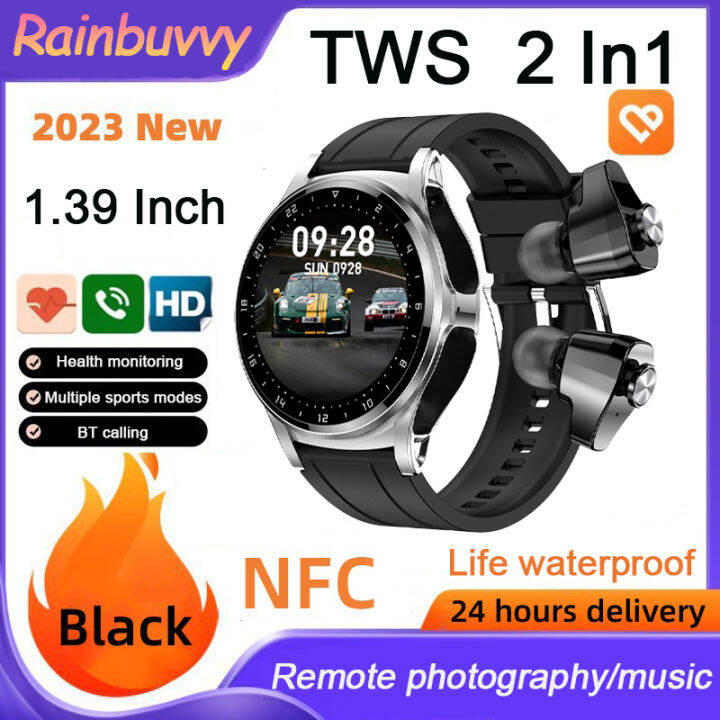 GT66 สมาร์ทวอทช์ 2 in 1 Men TWS Earbuds AMOLED ชุดหูฟังบลูทูธ ติดตามหู ...