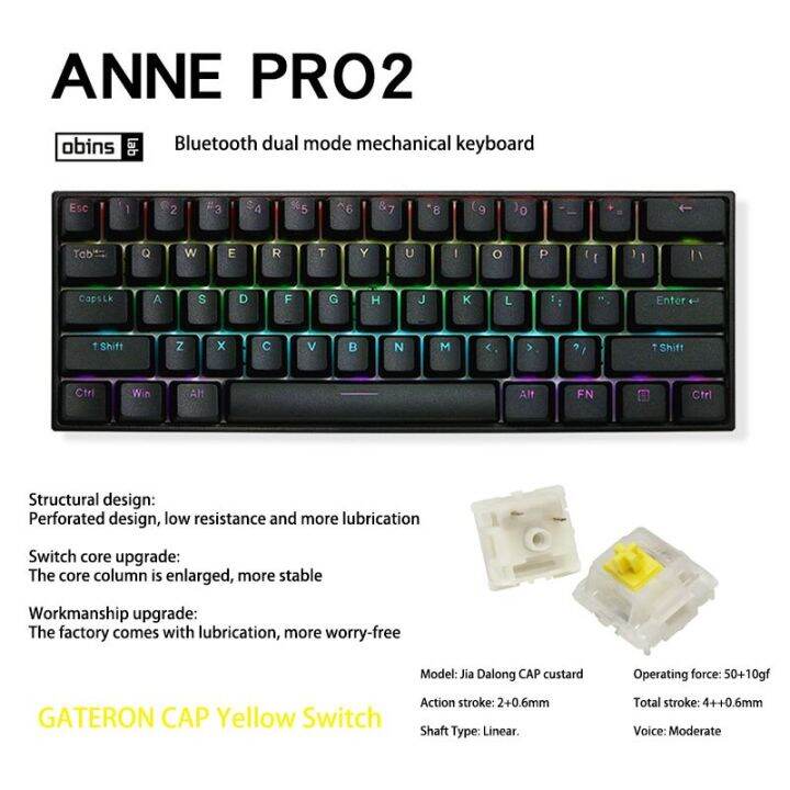 Anne Pro 2 60% 61 Keys Portable Mini Wireless Bluetooth 5.0 Mechanical Keyboard Office Gaming ...