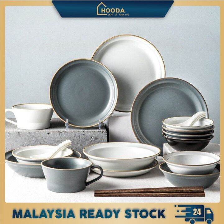Premium Ceramic Gold Stripe Bowl Plate Set Rice Bowl Noodle Bowl Sauce ...