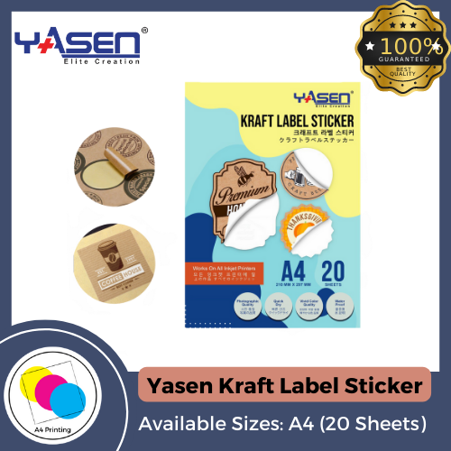 20 Sheets Yasen Brown Kraft Sticker Paper A4 Self Adhesive Inkjet ...