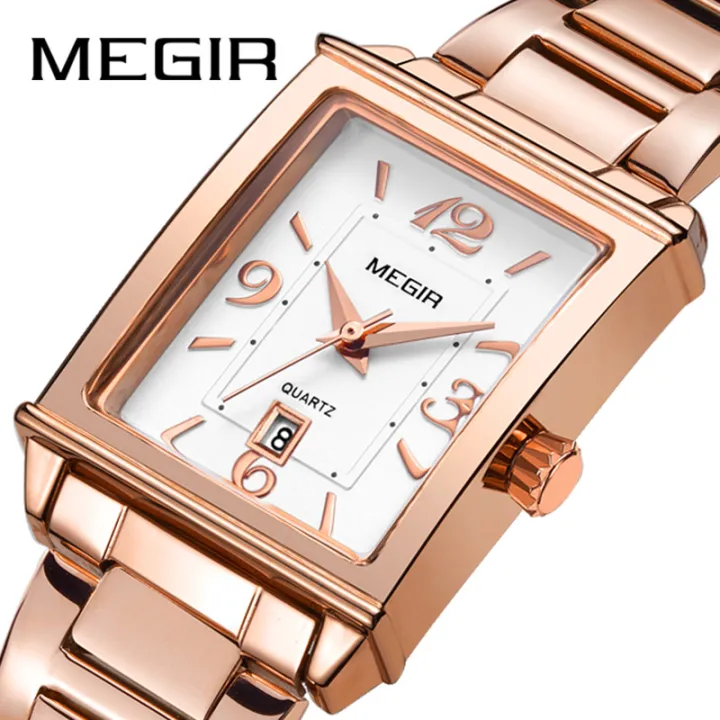 MEGIR 1079 Light Retro Fashion Square Watch Imported Movement Calendar ...