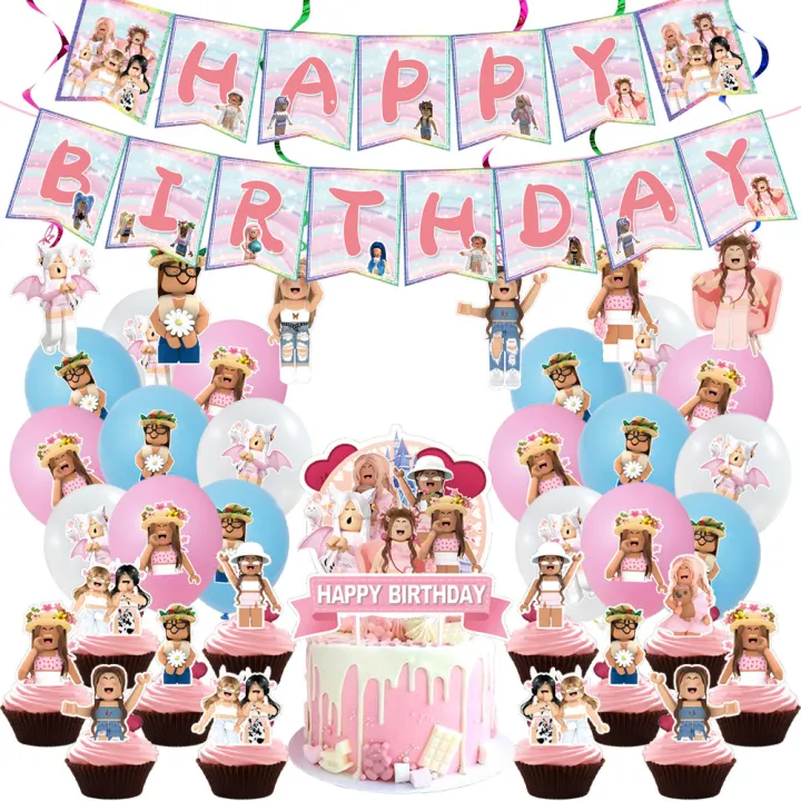 64pcs Pink Roblox theme Birthday Party Decoration Happy Birthday Banner ...