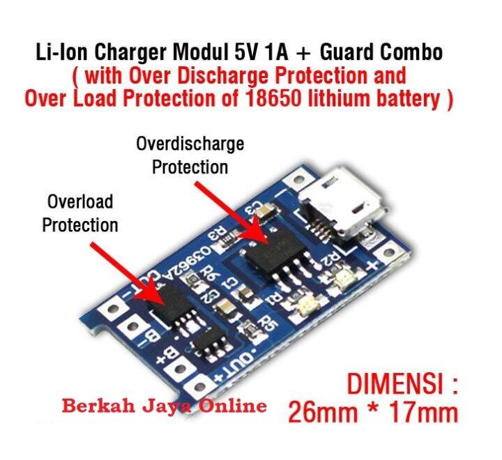 Modul Charger Baterai 5V 1A + Guard Combo Micro USB to Lithium Battery ...
