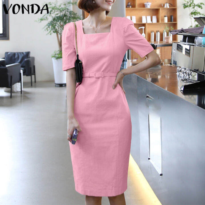 Vonda 2023 Summer New Arrival Women Square Neck Short Sleeve Solid