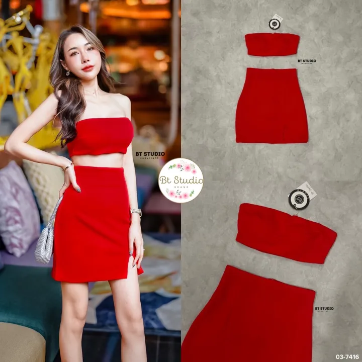 งานป้าย BT-Studio set 2ชิ้นเสื้อครอปเกาะอก ด้านหลังแต่งแถบซิลิโคนอกเสริมฟองน้ำแมทซ์กับกระโปรง ...