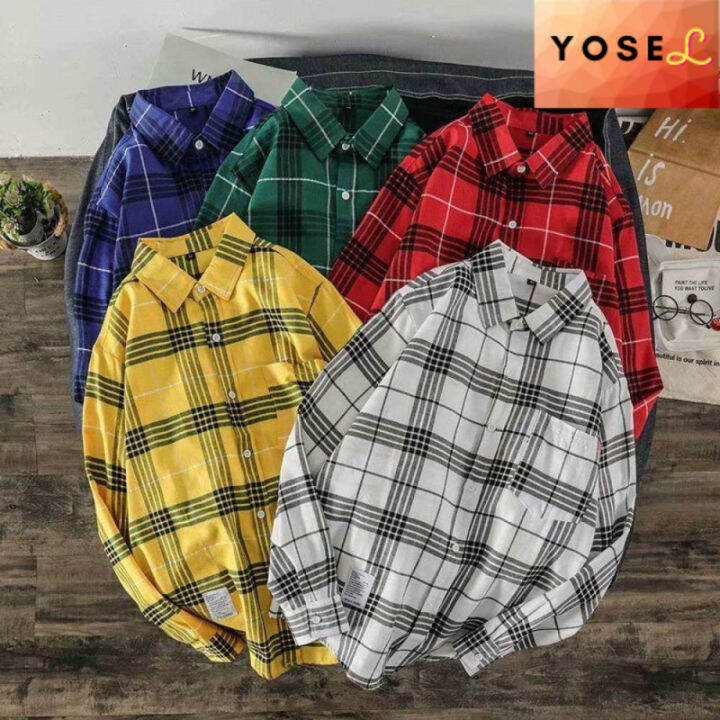 YOSEL เสื ้อเชิ ้ตชาย เสื้อลายตารางหมากรุกชายแขนยาวสไตล์ฮ่องกงลมฤดู ...