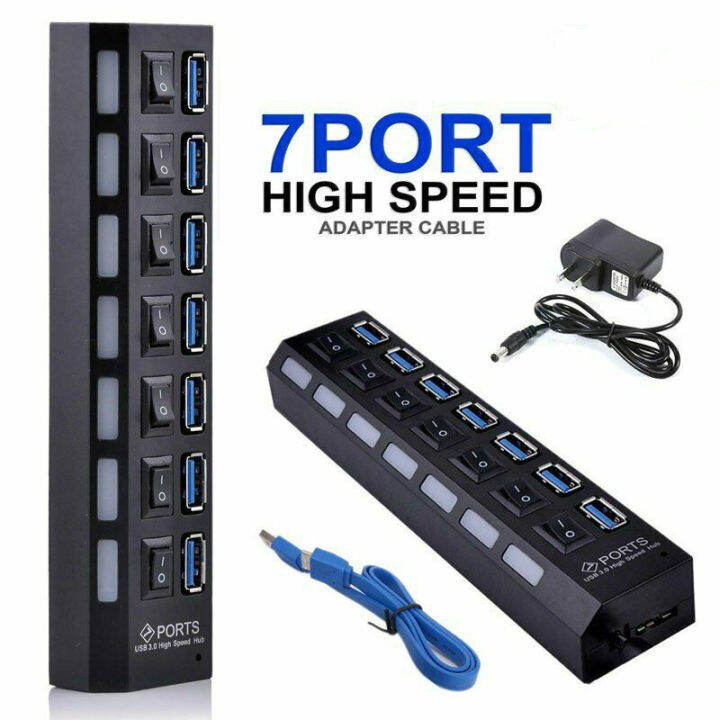 7-Port Powered USB 3.0 Hub On/Off Switches 5Gbps Multi Split AC Adapter ...