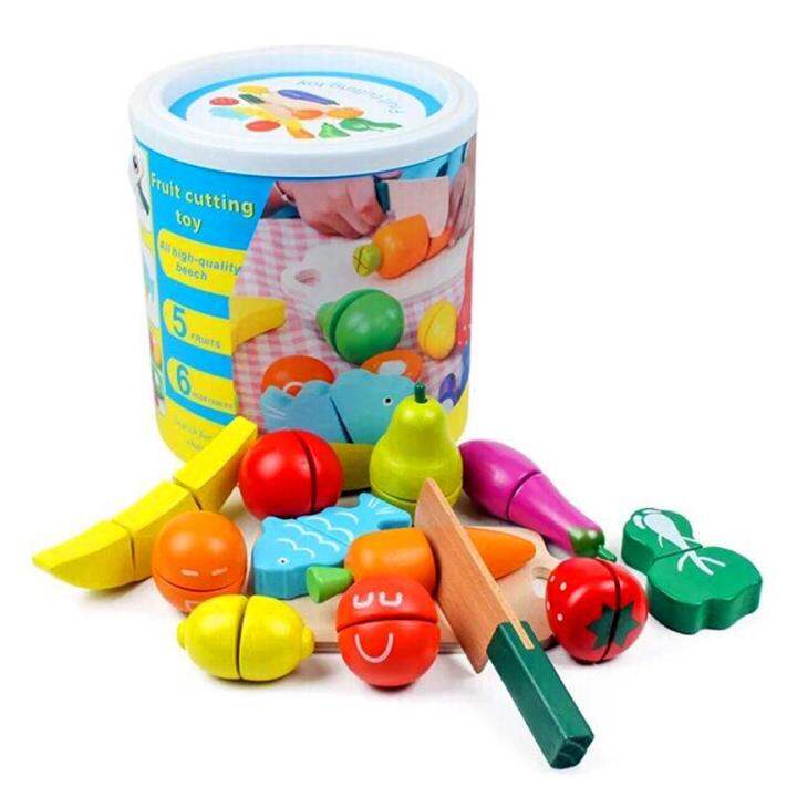 Wooden Chopping Food Set with Bucket Montessori Cutting Fruits ...