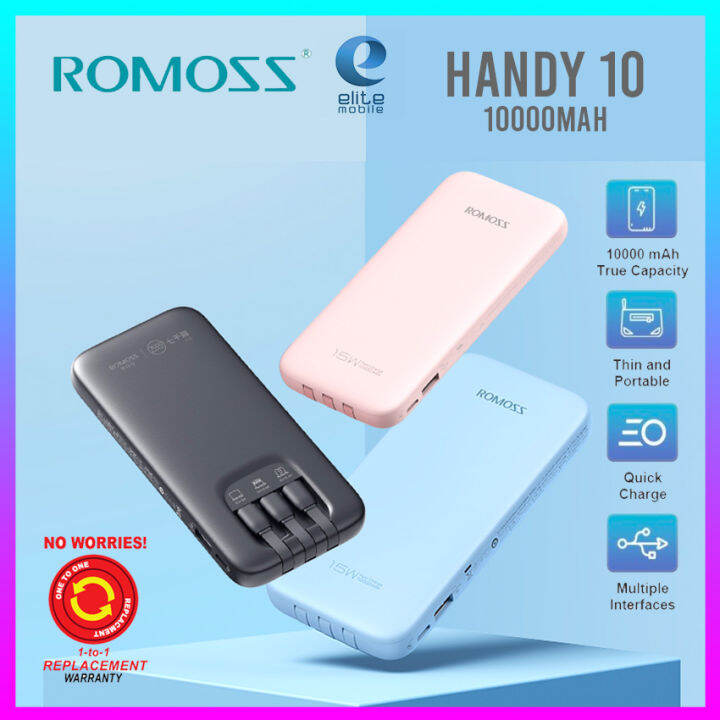 ROMOSS Handy 10 (10000mAh) Power Bank Built in 3 Cables Micro,Type c ...