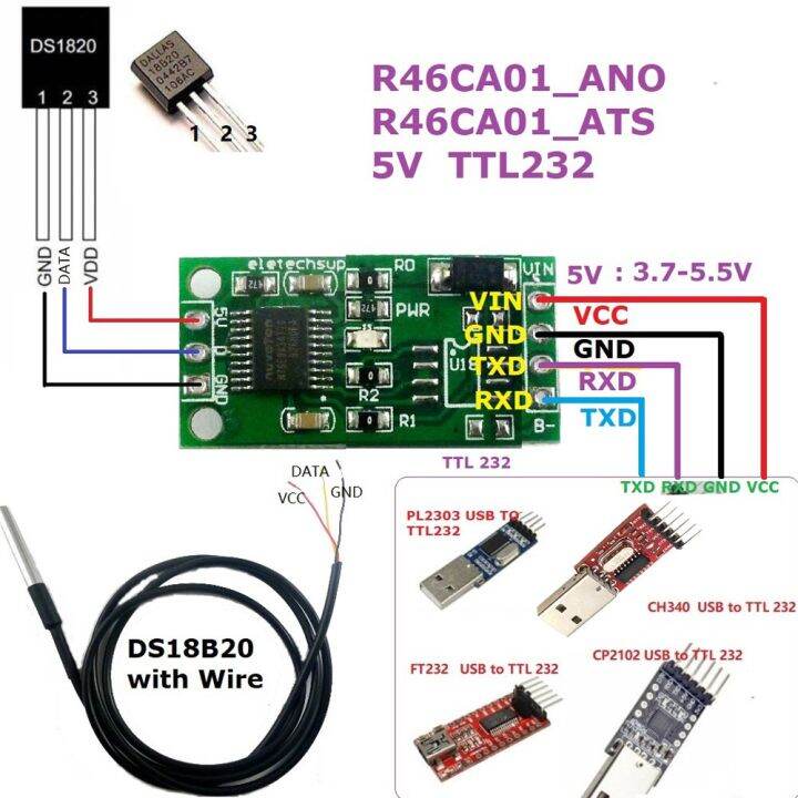 RS485 DS18B20 RS232 TTL Com UART เซ็นเซอร์ตรวจจับอุณหภูมิ Modbus RTU สำหรับ Arduino PC PLC MCU ...