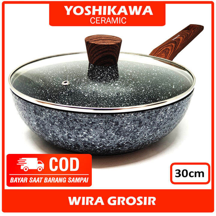 Yoshikawa 30cm Frying Wok + Tutup Kaca Induksi Marbel | Pan Keramik Anti Lengket | Wajan Marble ...