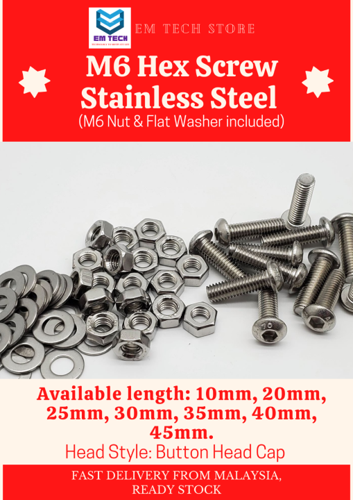 30pcs M6 Hex Screw Stainless Steel AISI 304 - (10pcs M6 screw + 10pcs ...