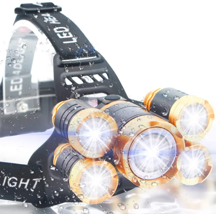 Headlamp, 5 LED Headlight, 4 Modes Zoomable 18650 USB Rechargeable ...