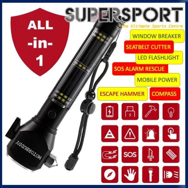 SUPERSPORT Safety Torchlight Hammer Flashlight Car Escape Solar Power ...