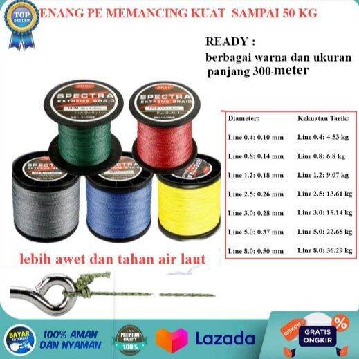 senar PE benang tali pancing senaar PE kecil kuat 50 kg Braided 300 ...