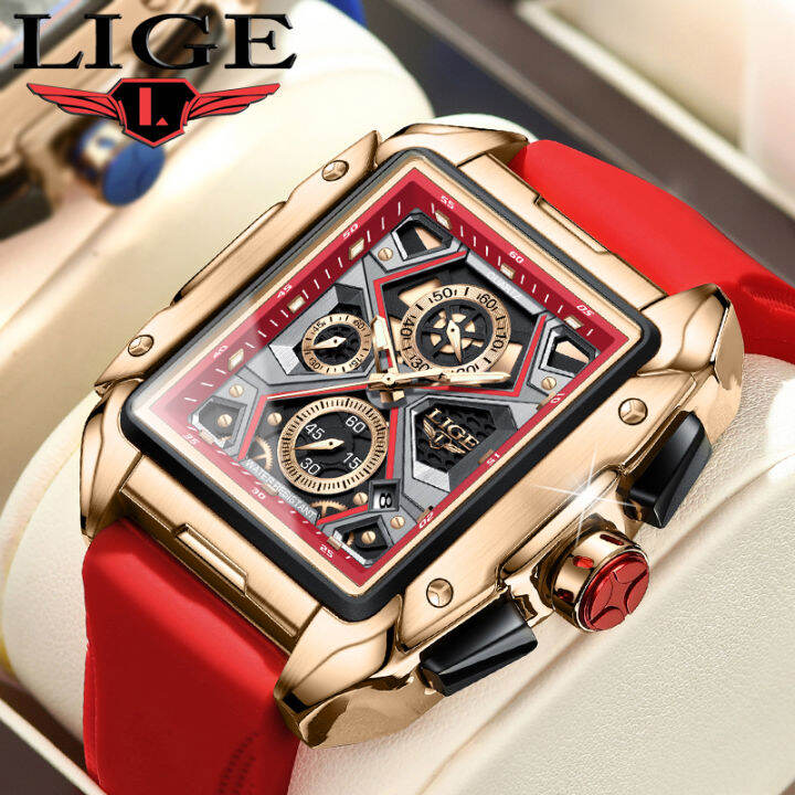 LIGE 2023 Square Quartz Watch Men Original Creative Hollow Design ...