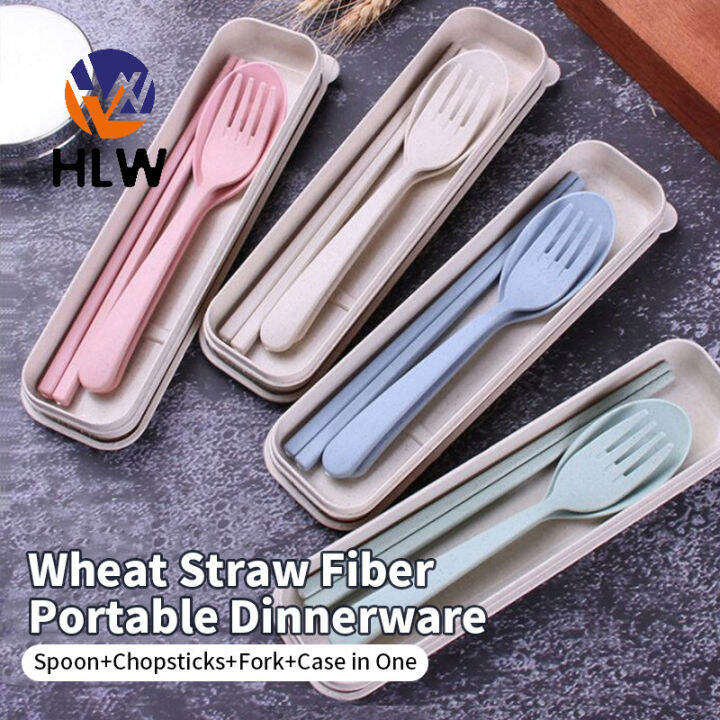 HLW 3-in-One Portable Wheat Straw Fiber Spoon Chopsticks Fork ...