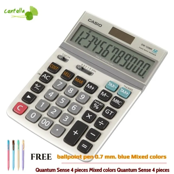เครื่องคิดเลข คาสิโอ DW-120MS แถมฟรี ปากกาลูกลื่น 0.7 มม. สีน้ำเงิน คละสี ควอนตั้ม Sense 4 ด้าม ...