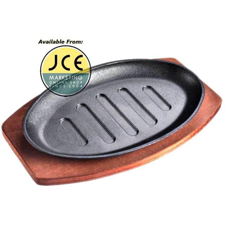 Oval Cast Iron Sizzling Plate With Wooden Base Teppanyaki Steak Grill ...