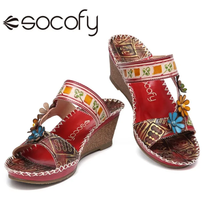 SOCOFY 2022 New Bohemia Slip on Slides Wedge Sandals Handmade Leather ...