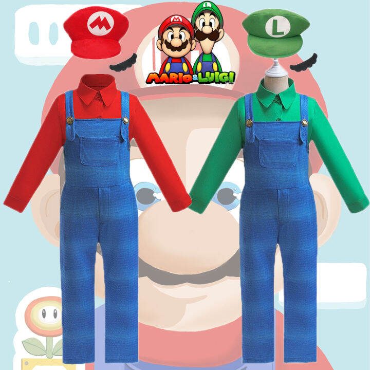 Super Mario Costume For Kids Mario Luigi Bros Cosplay Jumpsuit Girl Boy ...