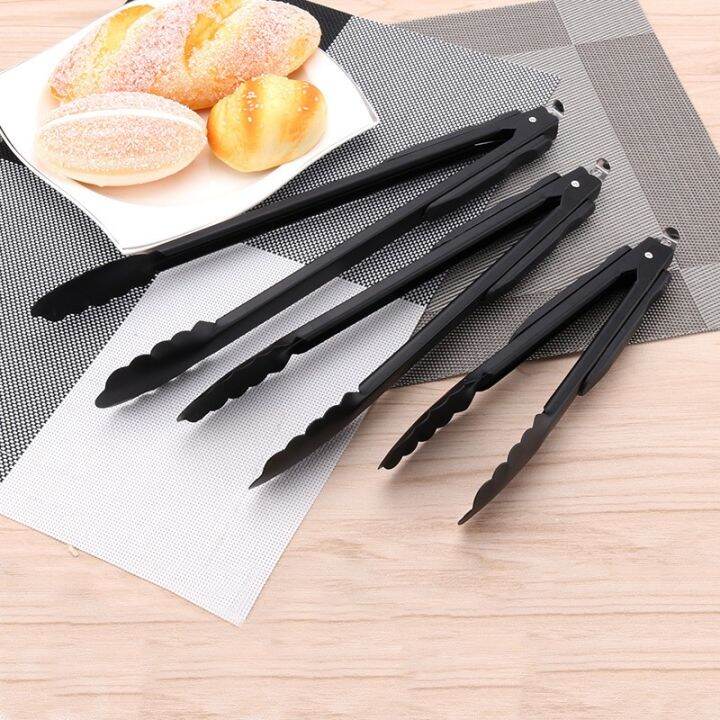 Black Food Tong Stainless Steel Cooking Tongs Kitchen Salad Bread BBQ ...