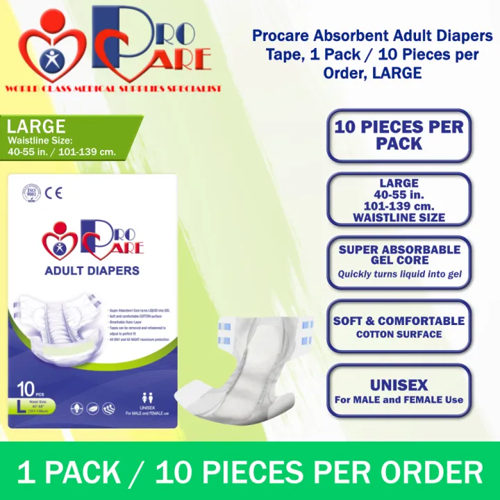 Procare Absorbent Adult Diapers Tape 10s, 1 pack per Order- Large ...