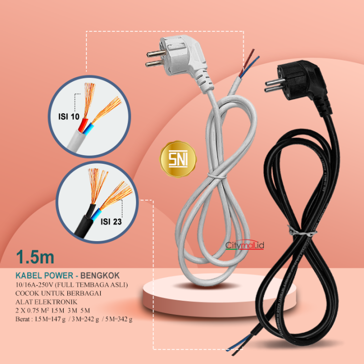 1.5M ASLI TEMBAGA KABEL POWER BENGKOK STEKER COLOKAN 2 KABEL SNI ...