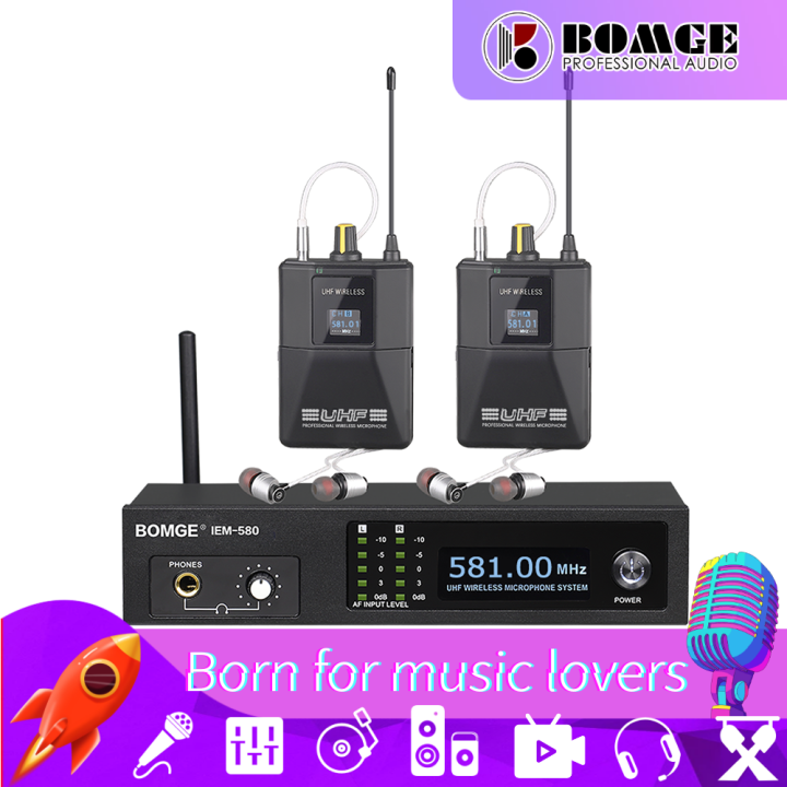 BOMGE IEM-580 UHF ชุดอินเอียร์ไร้สายระบบตรวจสอบ2ช่อง,160ฟุตใช้งานได้เหมาะสำหรับเวทีสตูดิโอ ...