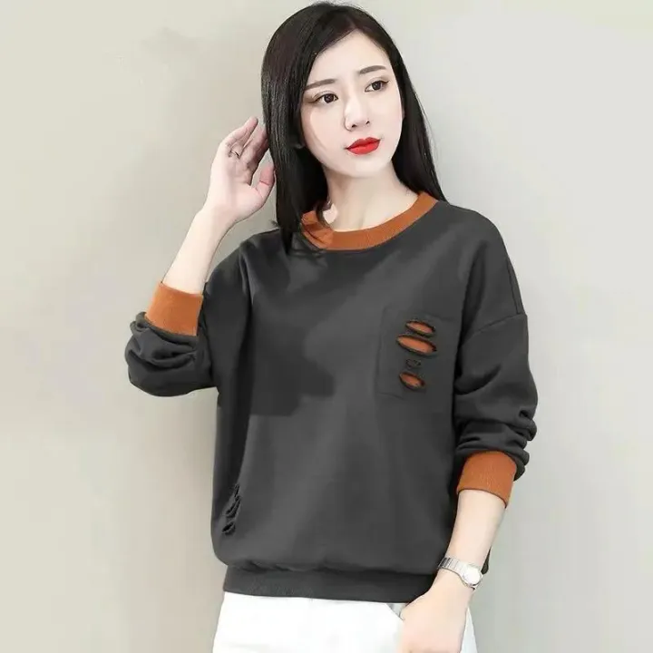 ฉีกเสื้อยืดผู้หญิงขนาดบวก4XL 2022ฤดูใบไม้ร่วงและฤดูหนาวใหม่เกาหลีหลวมสบายๆเสื้อสวมหัวแนวโน้มแขน ...