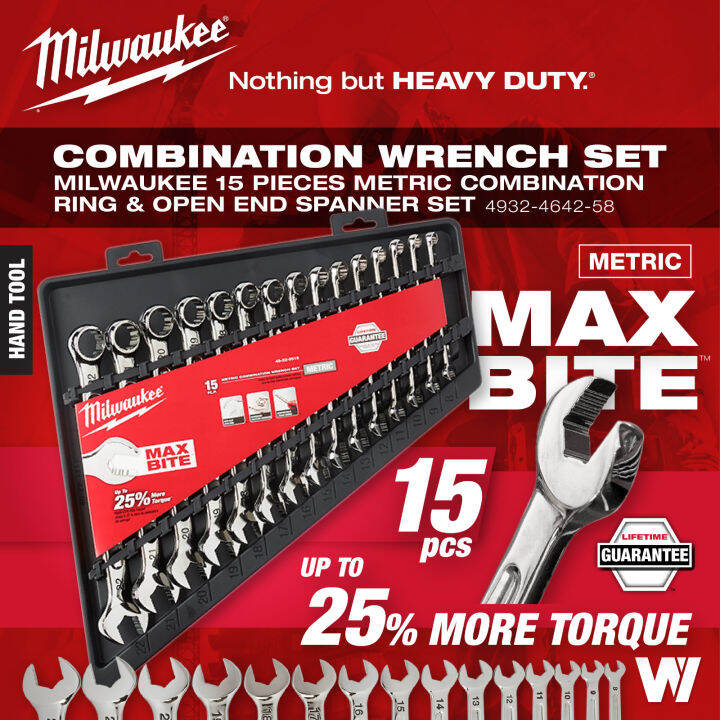 Milwaukee 4932-4642-58 MAX BITE 15pc Combination Spanner Set Metric / Combination Wrench Set ...