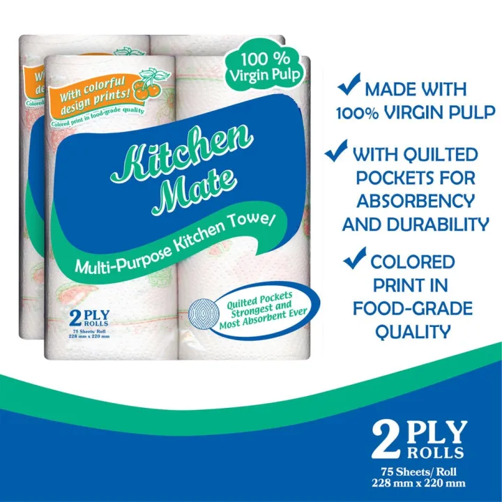 Kitchen Mate Multi Purpose Kitchen Towel w/ colored print 75 sheets/ roll (2s) x 2 | Lazada PH