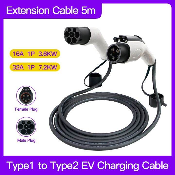 Type 1 Female To Type 2 Male Plug EV Charging Cable 32A 7.2KW For ...