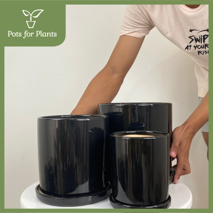 Cylinder Glazed Clay Ceramic Pot with Ceramic Saucer - Pots for Plants ...