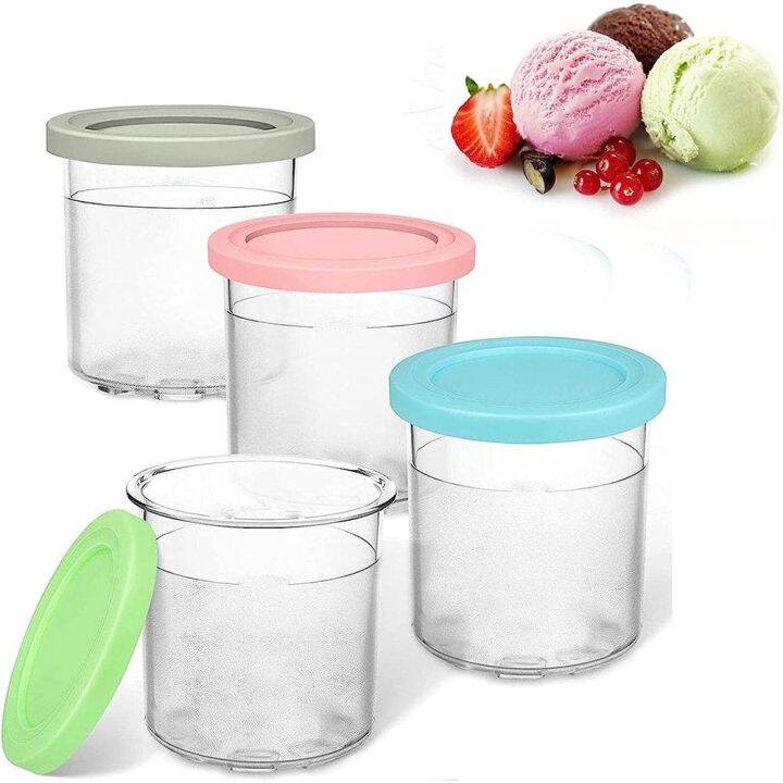 YUANZ ถ้วยเครื่องทำครีมใส่ไอศกรีมพร้อมฝาปิดขนาด16ออนซ์สำหรับเปลี่ยนในครัวทำจากพลาสติก4ชิ้น ...
