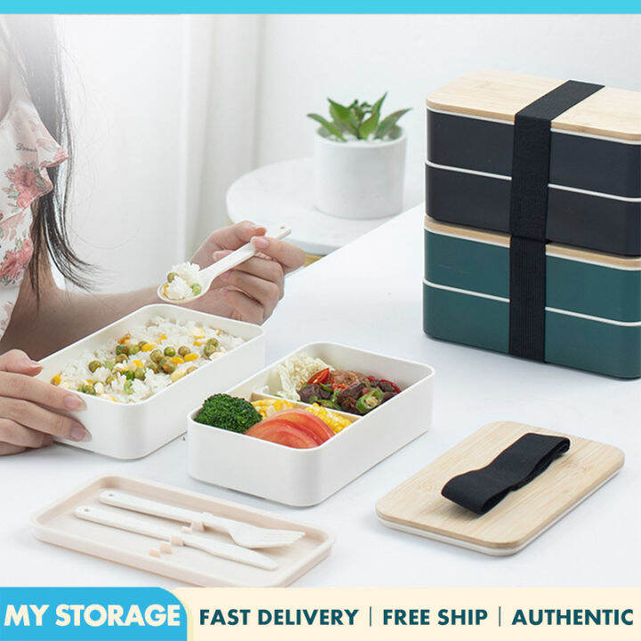 Plastic Double Layer Lunch Box Bamboo Cover Lunch Box Fall Resistant ...