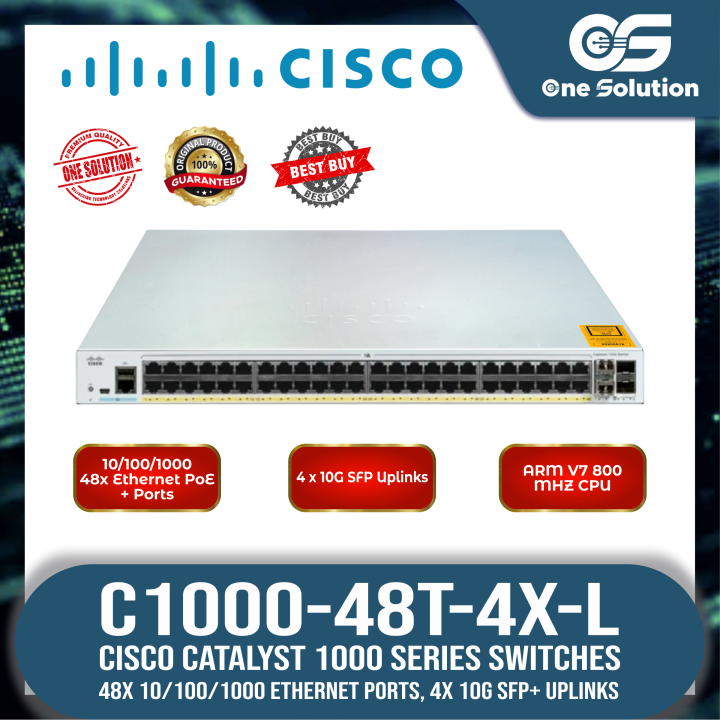 C1000-48T-4X-L | Cisco Catalyst 1000 Series Switches | 48x 10/100/1000 Ethernet ports, 4x 10G ...