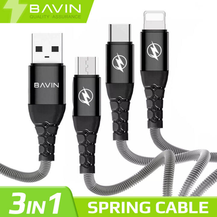 BAVIN CB194 2.4A & 3 in 1 Fast Charging Cable Full Spring USB Cable for ...